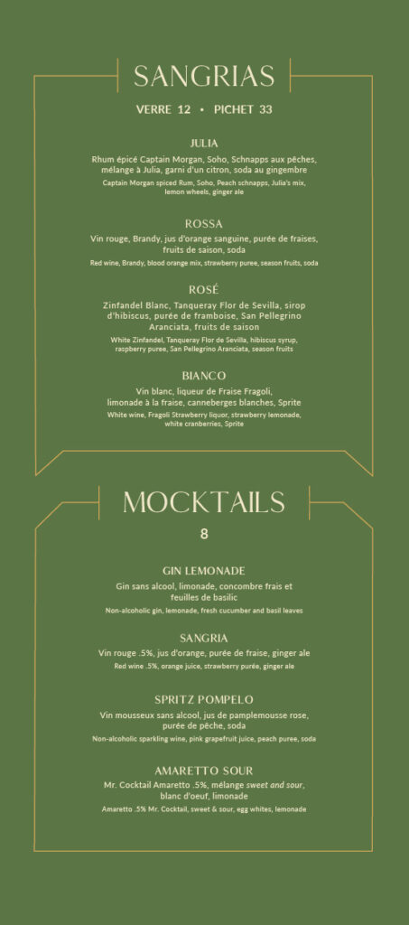 Menu breuvage : boissons créatives et bar à vin