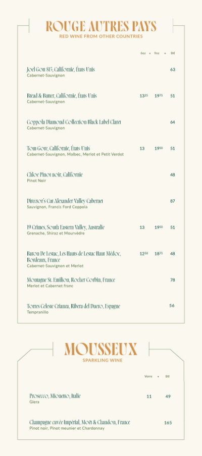 Menu breuvage : boissons créatives et bar à vin